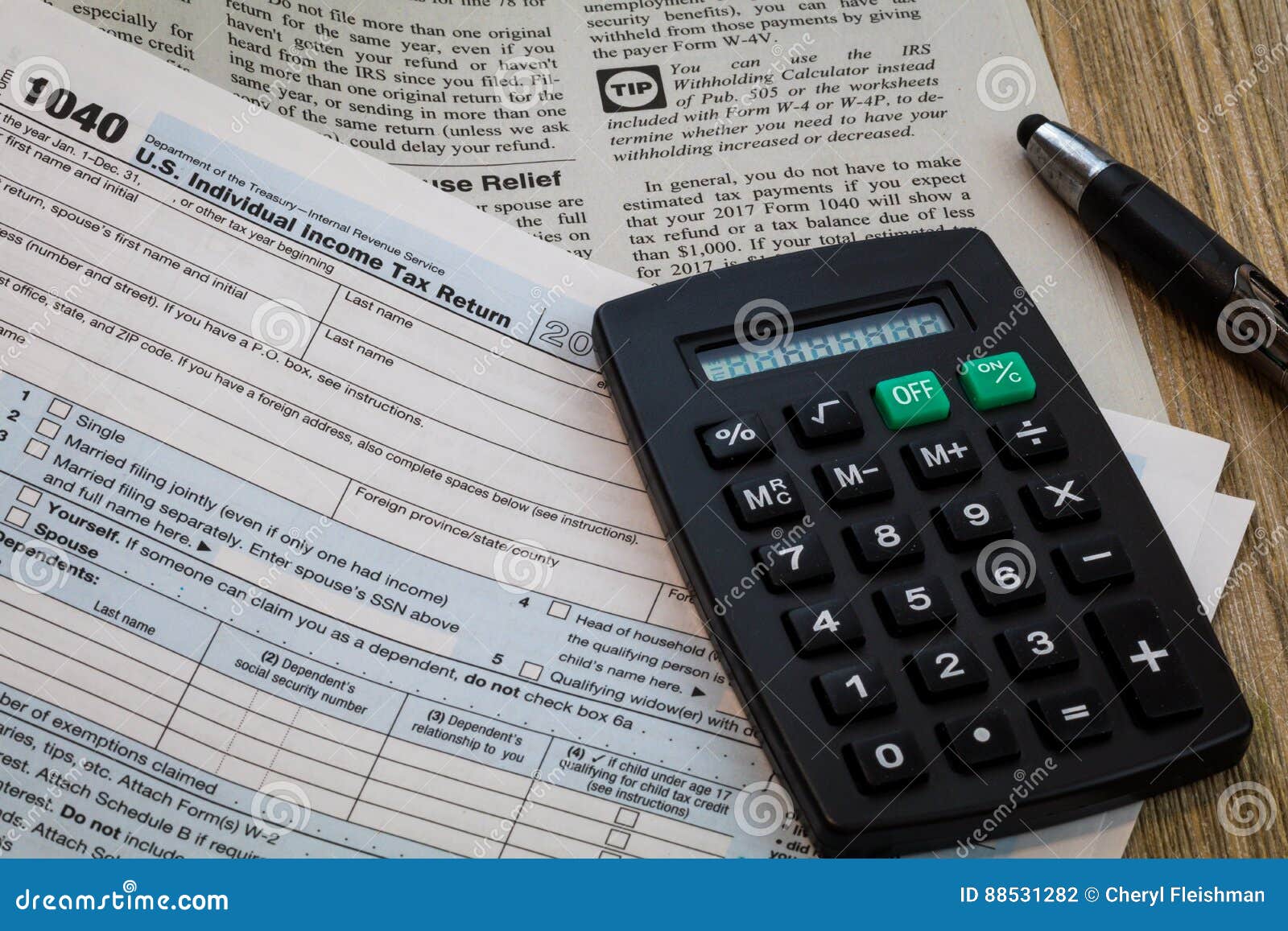 Tax Preparation Forms with Pen and Calculator, Generic No Year ...