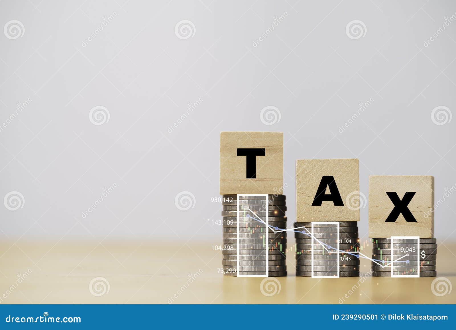 Tax Wording on Wooden Cube Block Array on Coins Stacking with Technical ...