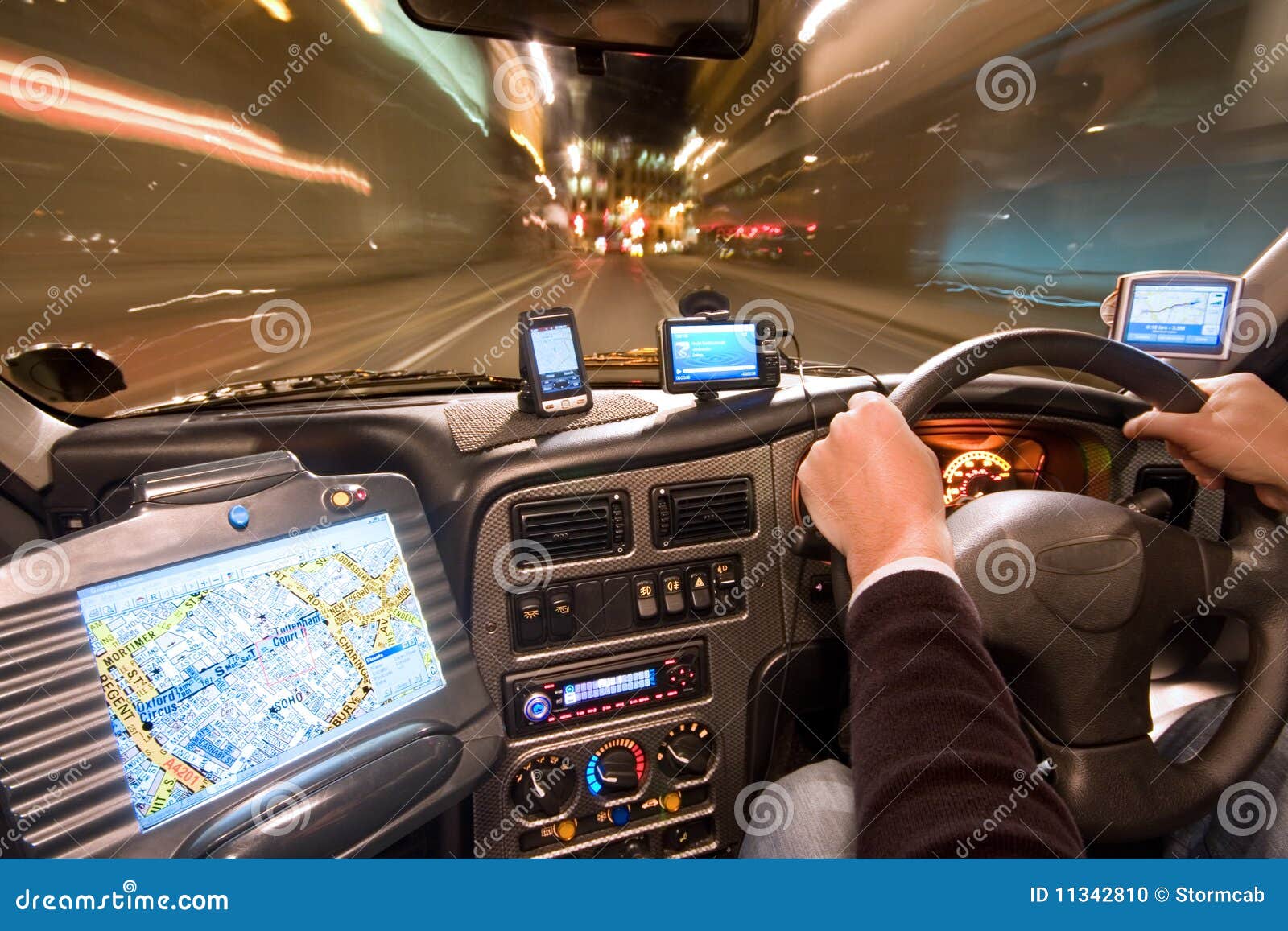 Taxi Cockpit at Night stock photo. Image of london, stereo - 11342810