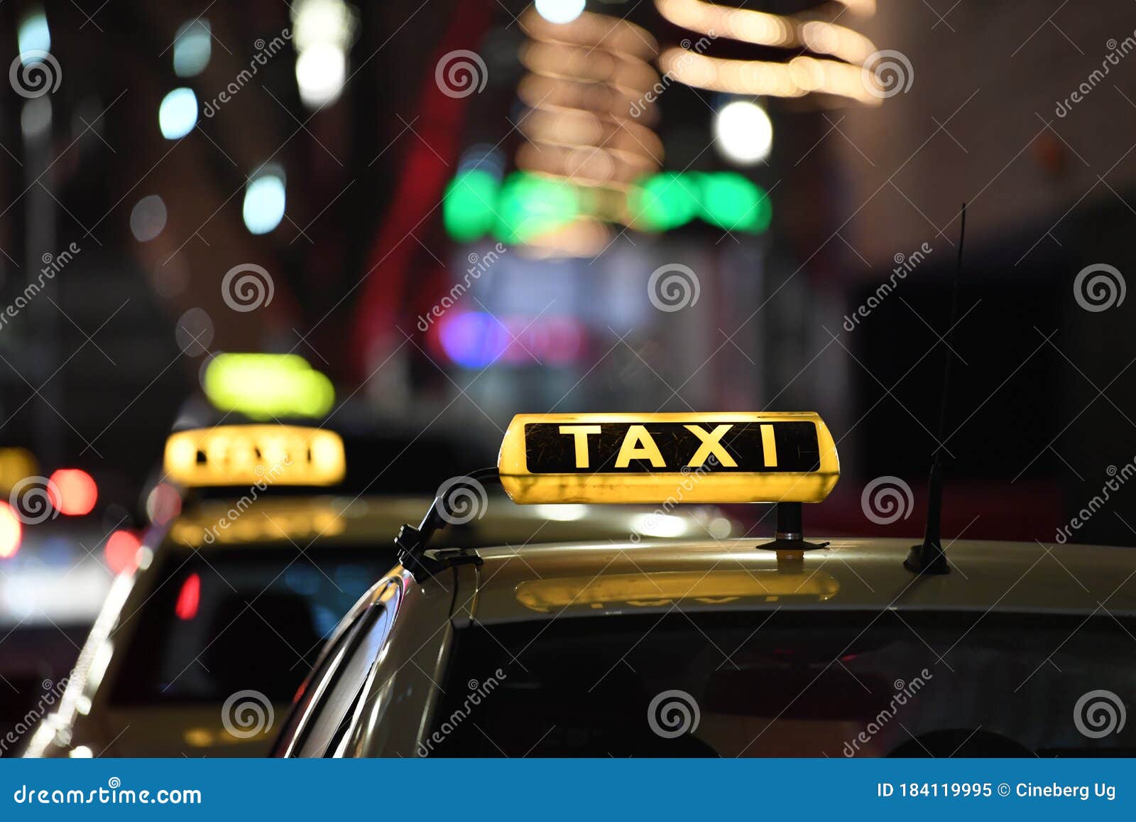 Taxi line up at night stock image. Image of travel, evening - 184119995