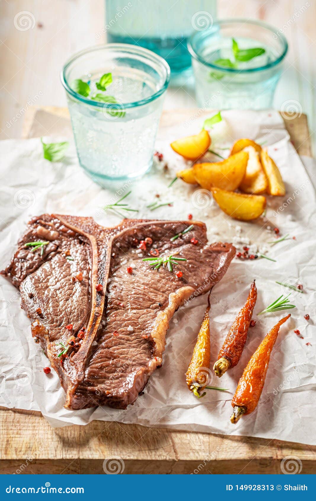 Tbone Steak with Chips Served with Water Stock Image - Image of ...