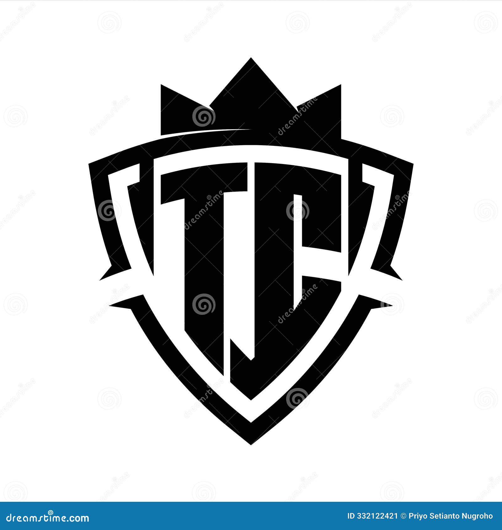 TC Letter Bold Monogram Triangle Curve Shield Shape with Crown Black ...