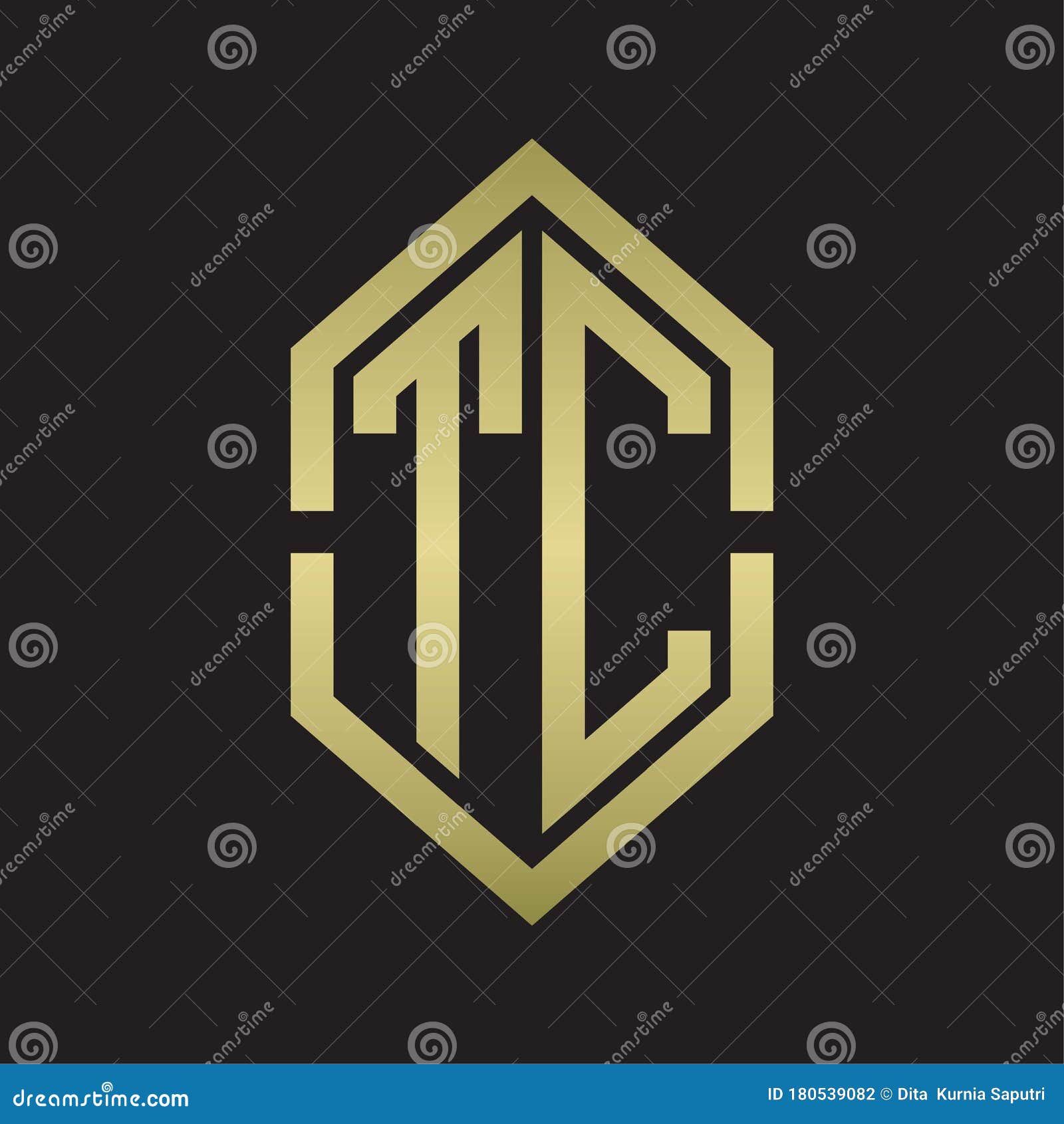 TC Logo Monogram with Hexagon Shape and Outline Slice Style with Gold ...