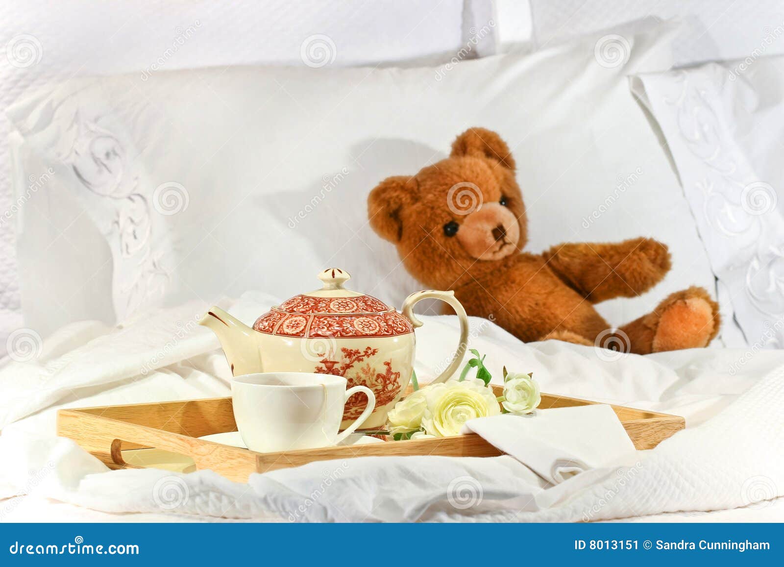 Tea in bed with teddy stock image. Image of afternoon - 8013151