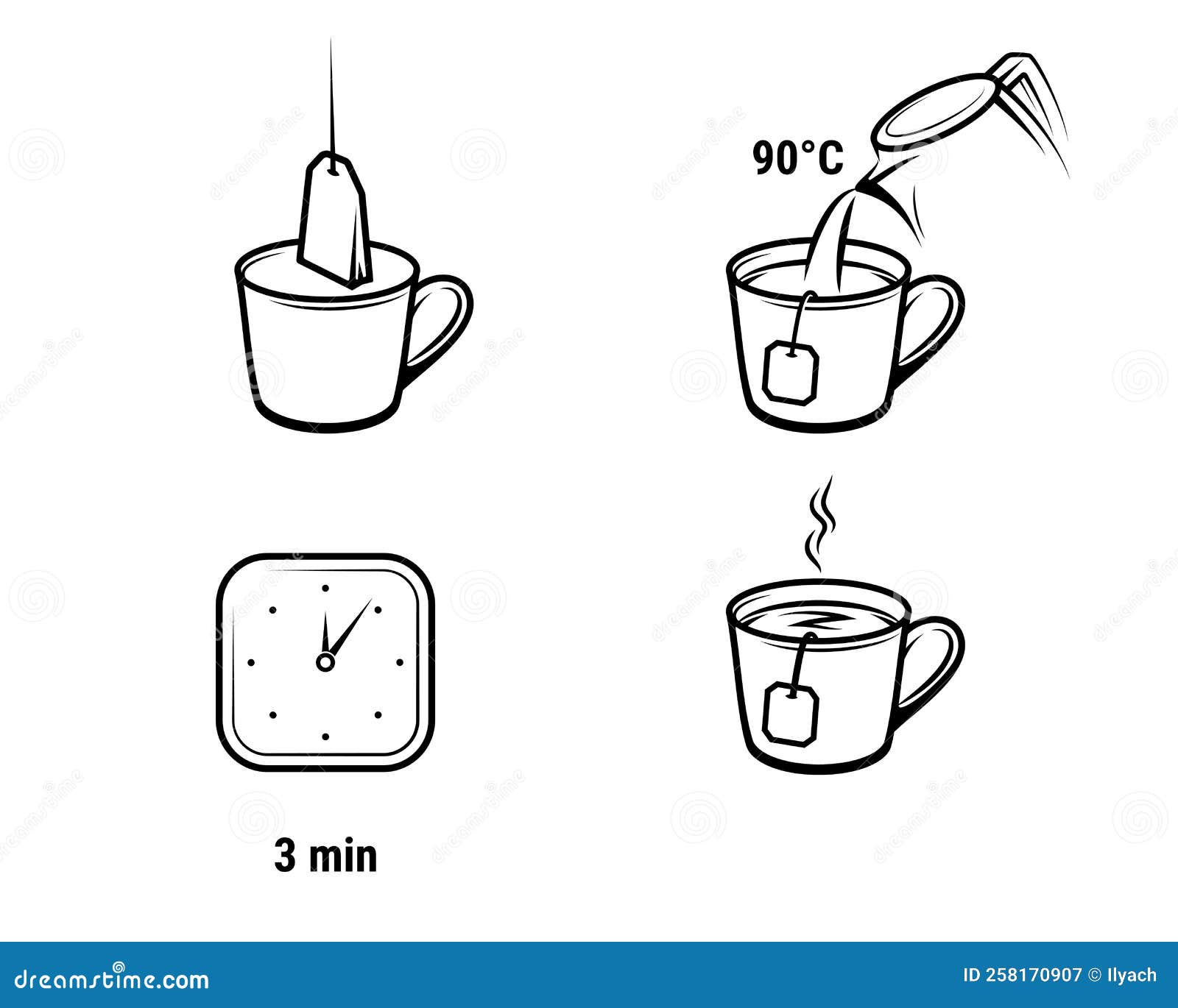 Tea Brewing Instruction Icons, Tea Preparing Method Cup and Teabags ...