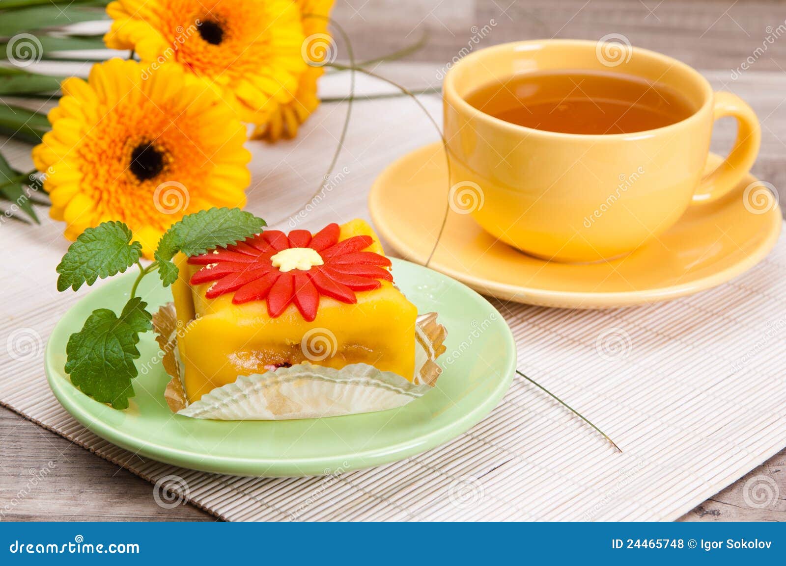 Tea with cake and flowers stock photo. Image of closeup - 24465748