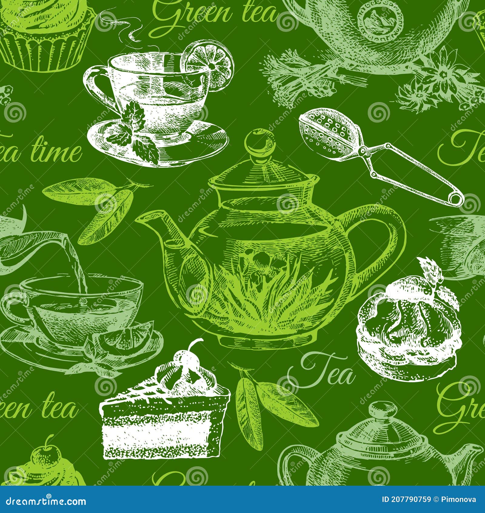 Tea and Cake Seamless Pattern. Hand Drawn Sketch Illustration Stock ...