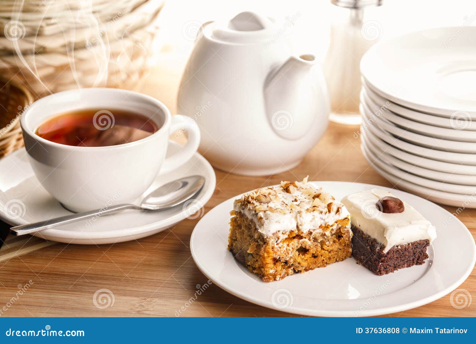 Tea and cake slices stock photo. Image of steaming, baking - 37636808