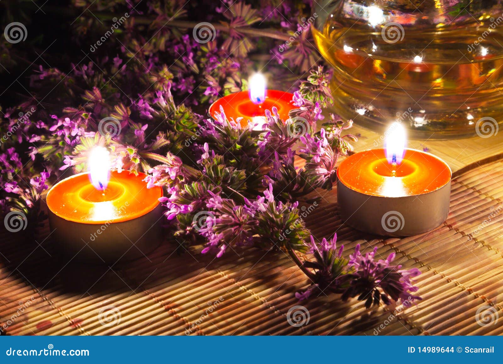 Tea candles and lavender stock photo. Image of alternative - 14989644