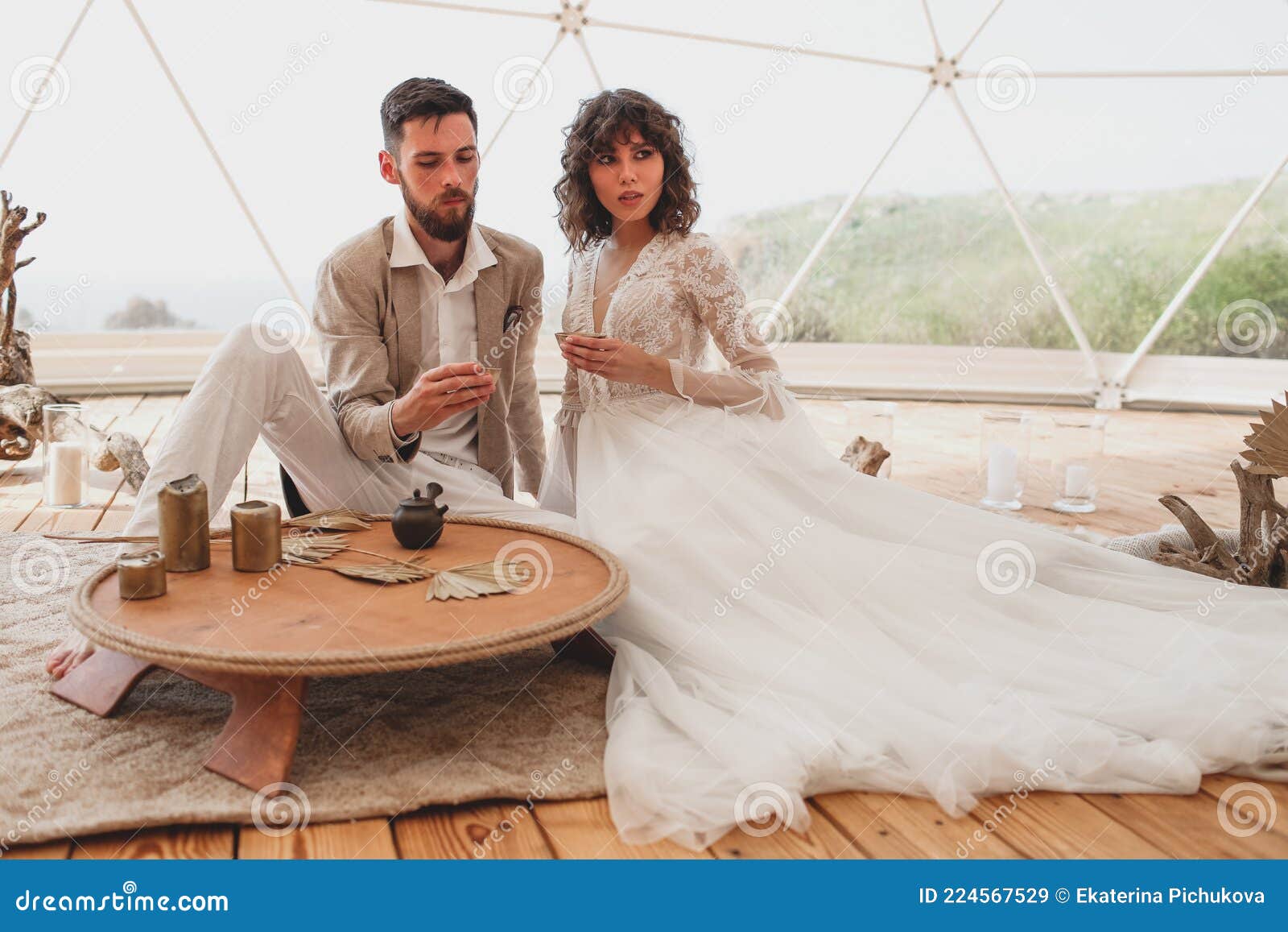 Tea Ceremony at a Boho Wedding. Bride and Groom in Boho. Stock Image ...
