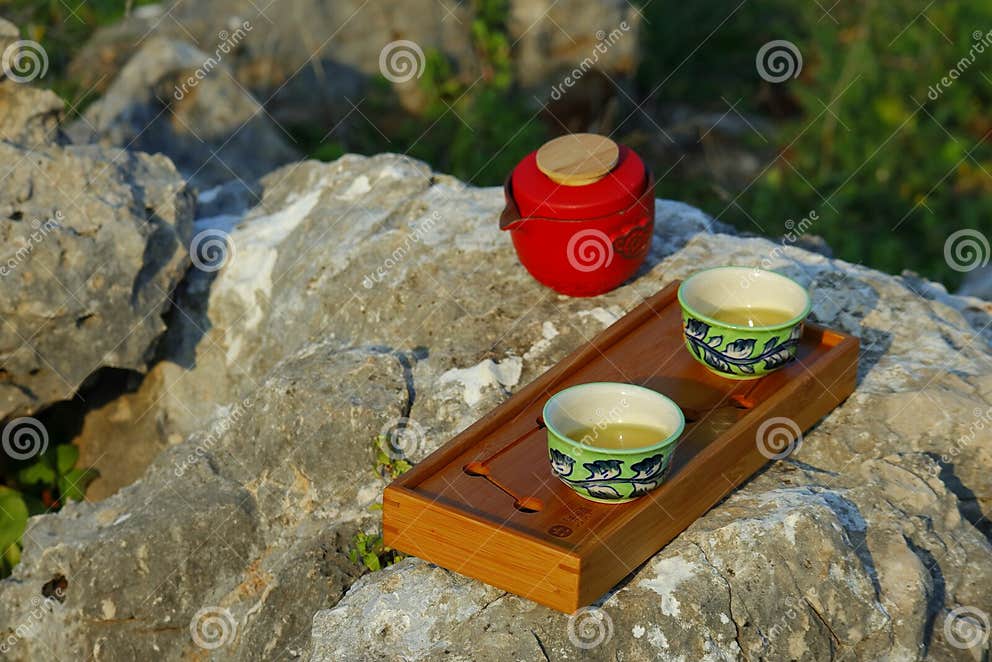 Tea Ceremony in the Nature. Tea Table and Caps Stock Image - Image of ...