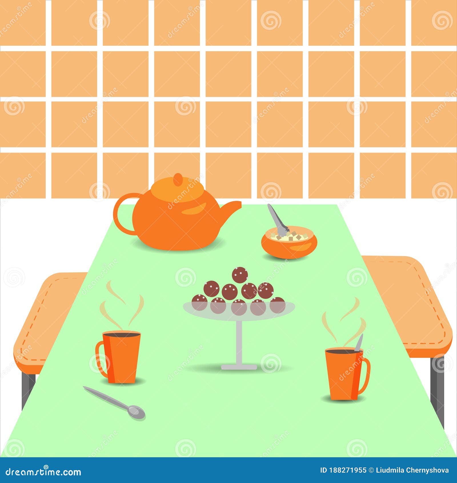 Tea Ceremony. Table Setting for Two. Kettle, Vase with Sweets, Sugar ...