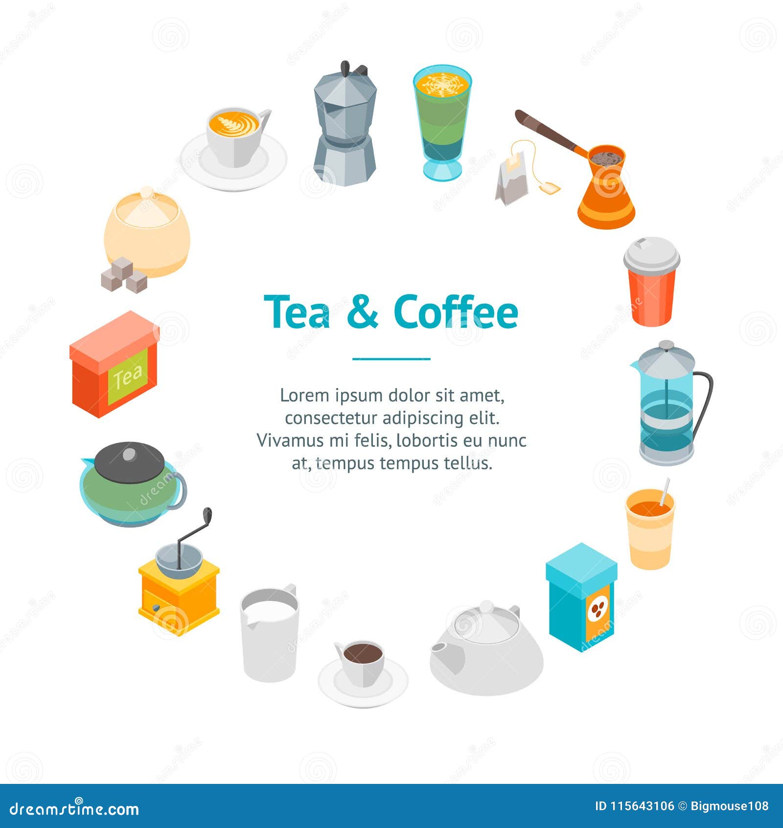 Tea and Coffee Banner Card Circle 3d Isometric View. Vector Stock ...