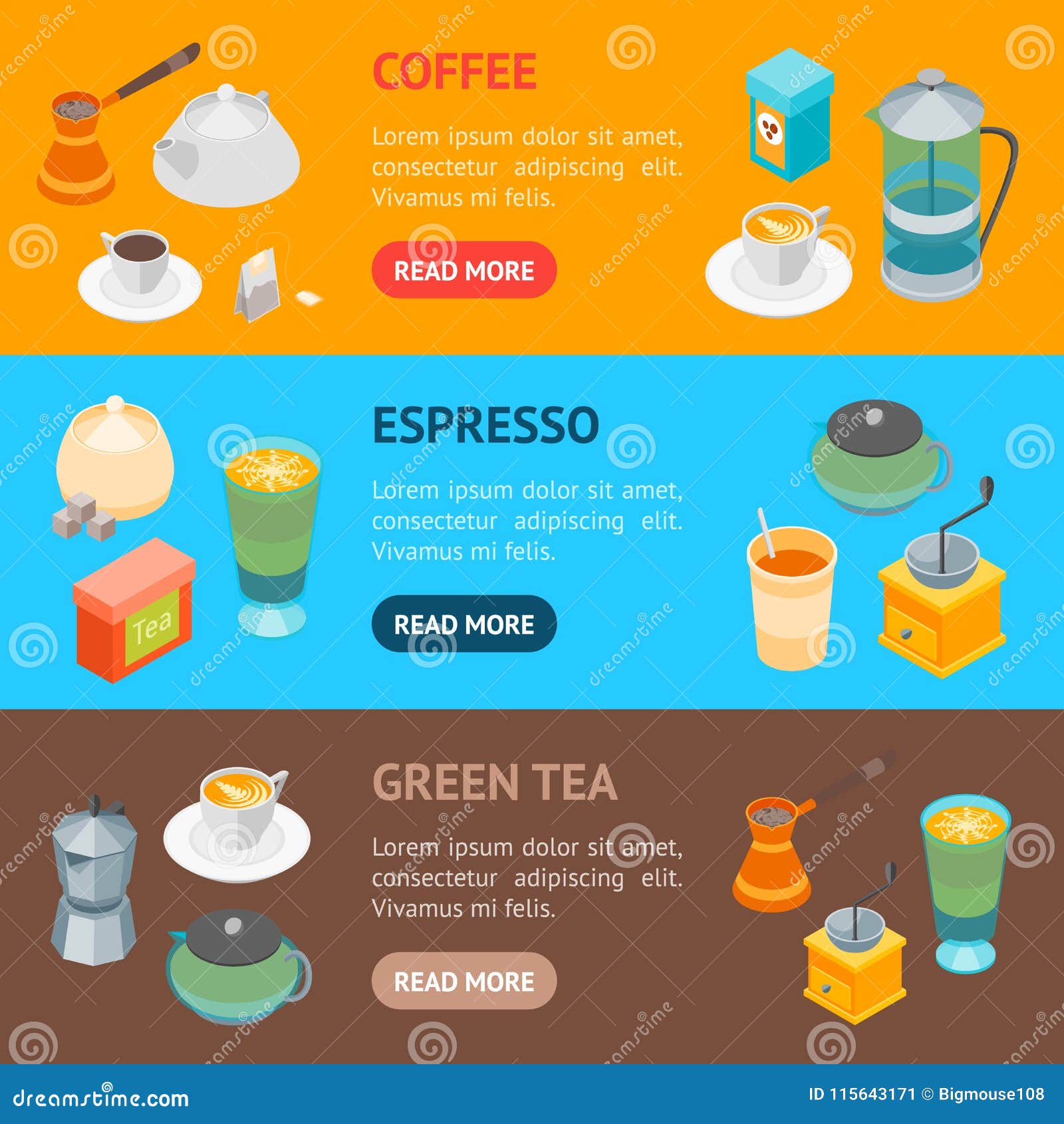 Tea and Coffee Banner Horizontal Set 3d Isometric View. Vector Stock ...