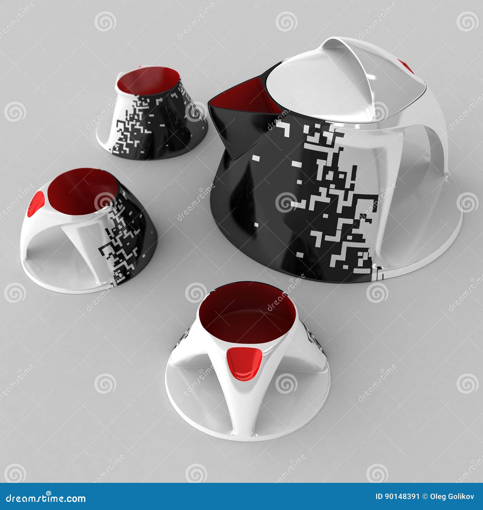 Tea and Coffee Service with Drawing of Art Graphics. 3D Illustration ...