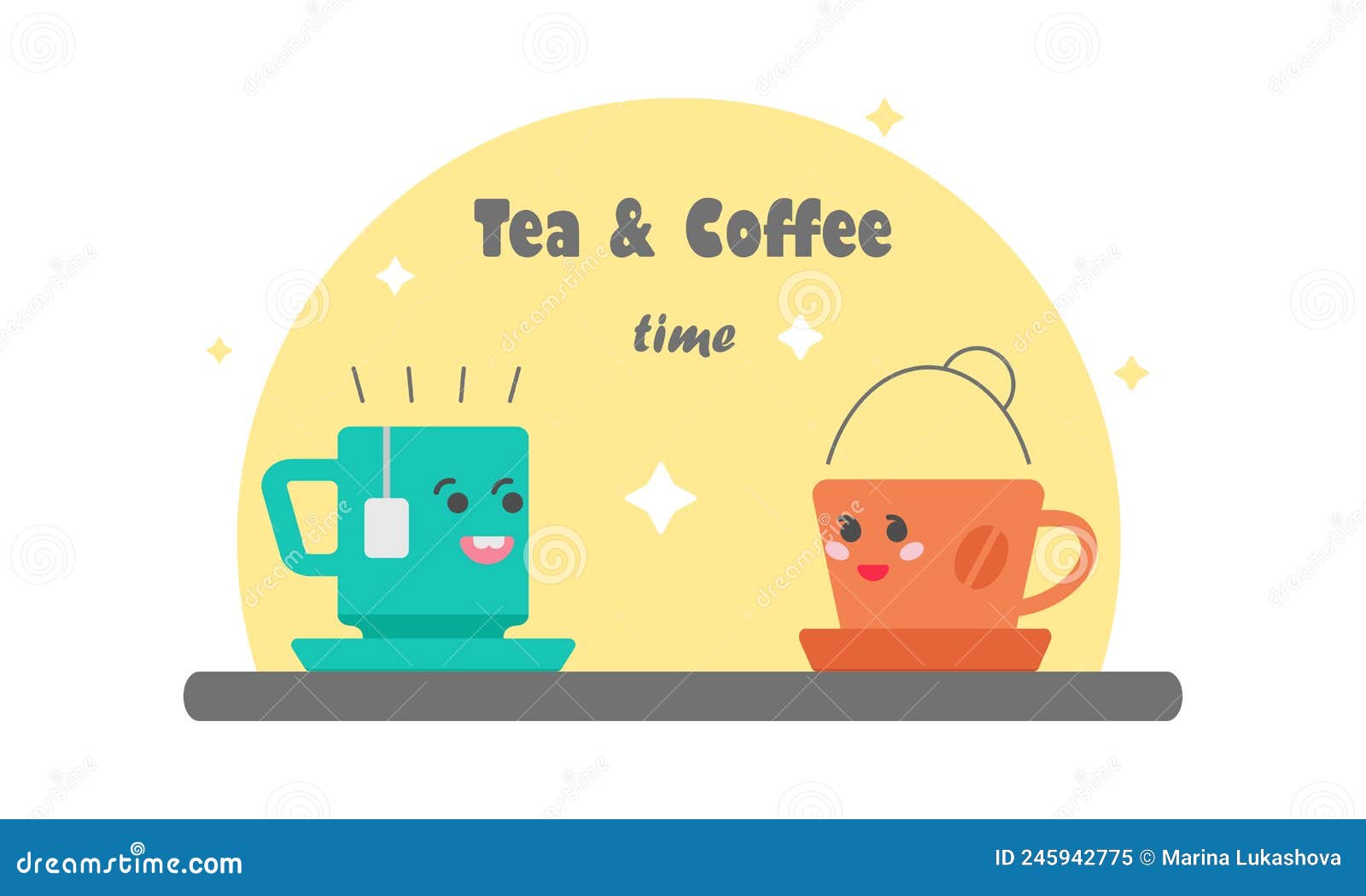 Tea and Coffee Time Cute Illustration with Cups in Love Stock ...