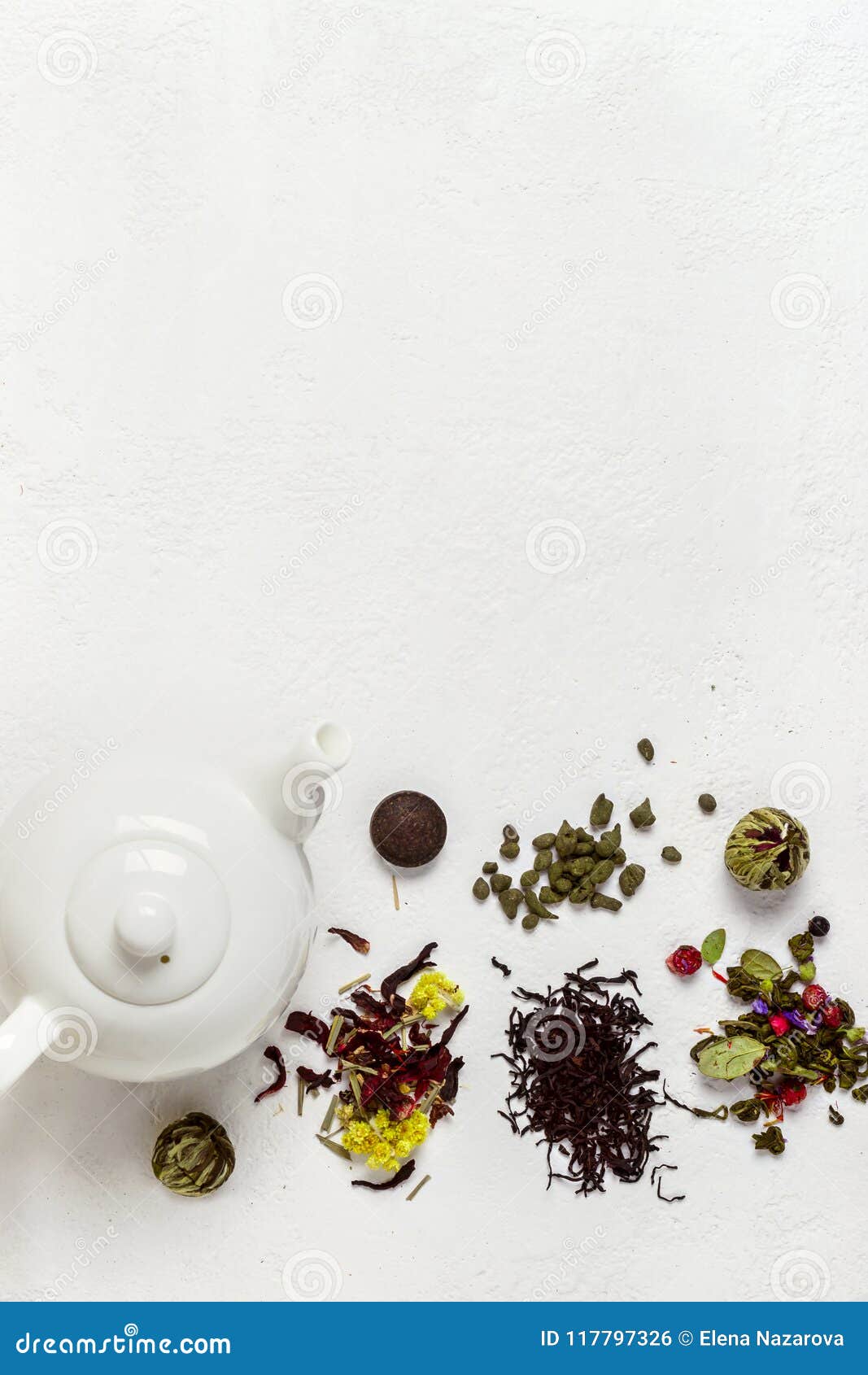 Tea Concept. Selection of Different Varieties of Tea and White Teapot ...