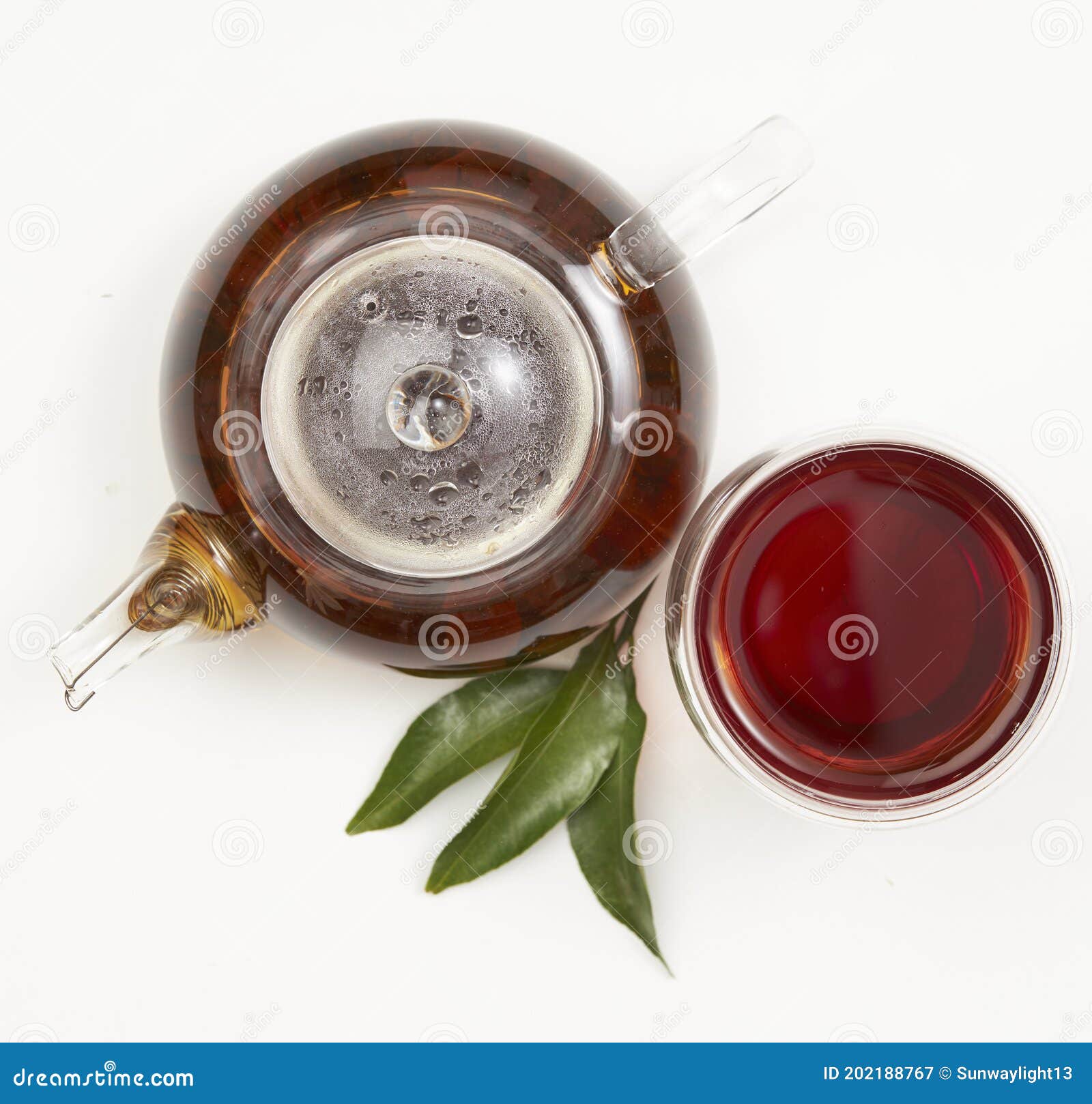 Tea Concept,Teapot and Cup of Tea with Green Leaves, Top View Stock ...