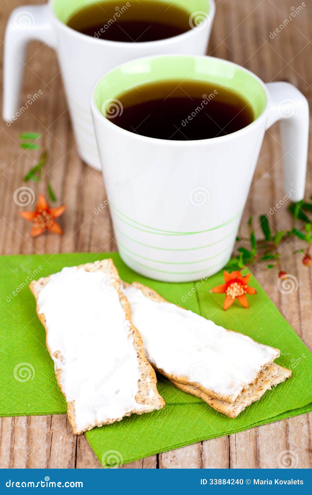 Tea and Crackers with Cream Cheese Stock Photo - Image of drink ...
