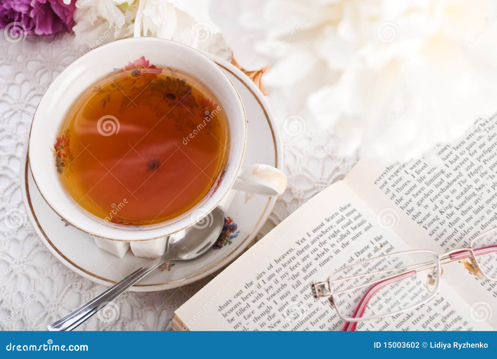 Tea Cup, the Book and Glasses Stock Photo - Image of sugar, vase: 15003602