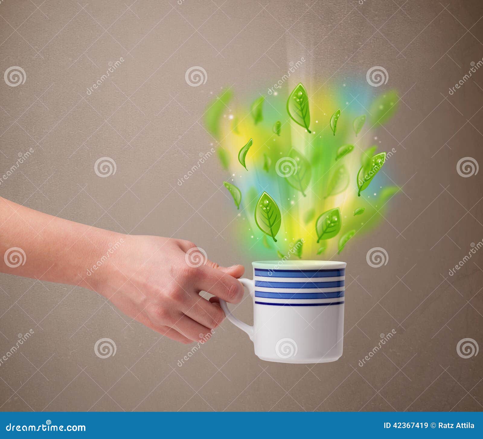 Tea Cup with Leaves and Colorful Abstract Lights Stock Image - Image of ...