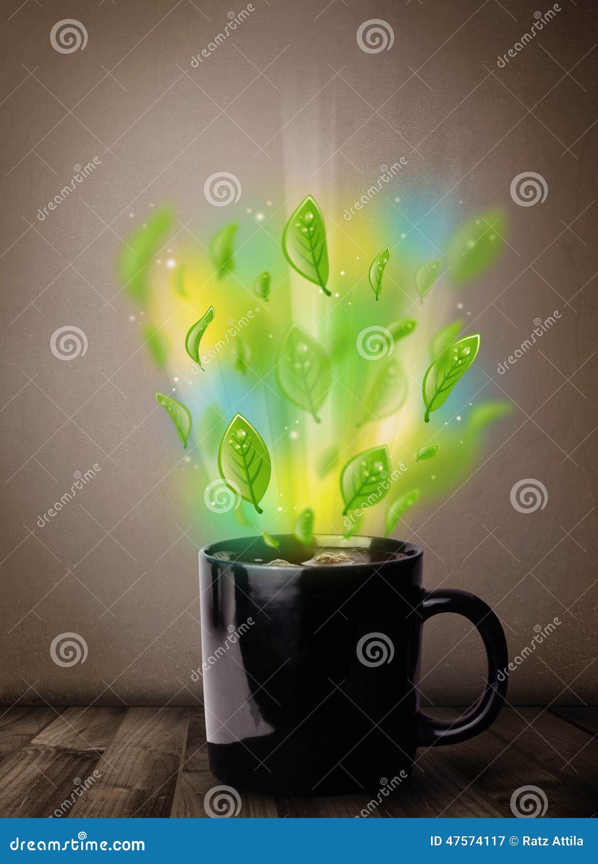 Tea Cup with Leaves and Colorful Abstract Lights Stock Image - Image of ...