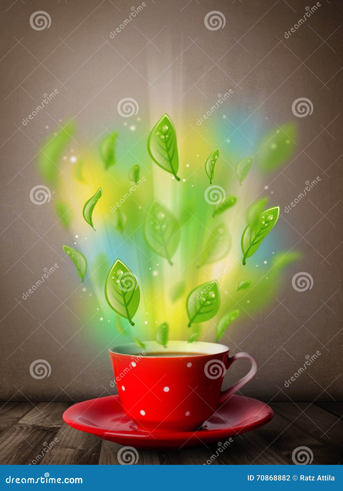 Tea Cup with Leaves and Colorful Abstract Lights Stock Photo - Image of ...
