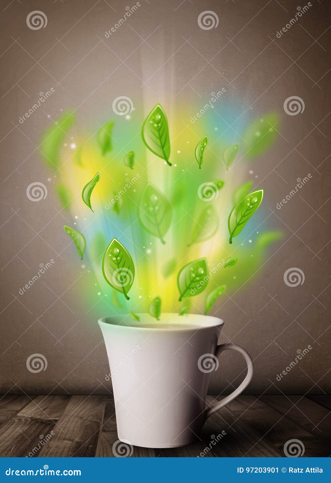 Tea Cup with Leaves and Colorful Abstract Lights Stock Image - Image of ...