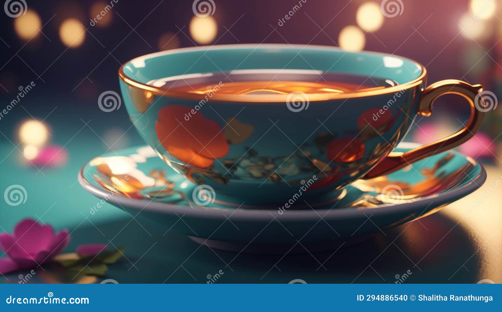 Tea Cup with Light Blue and Rose in Studio Lights Background Stock ...