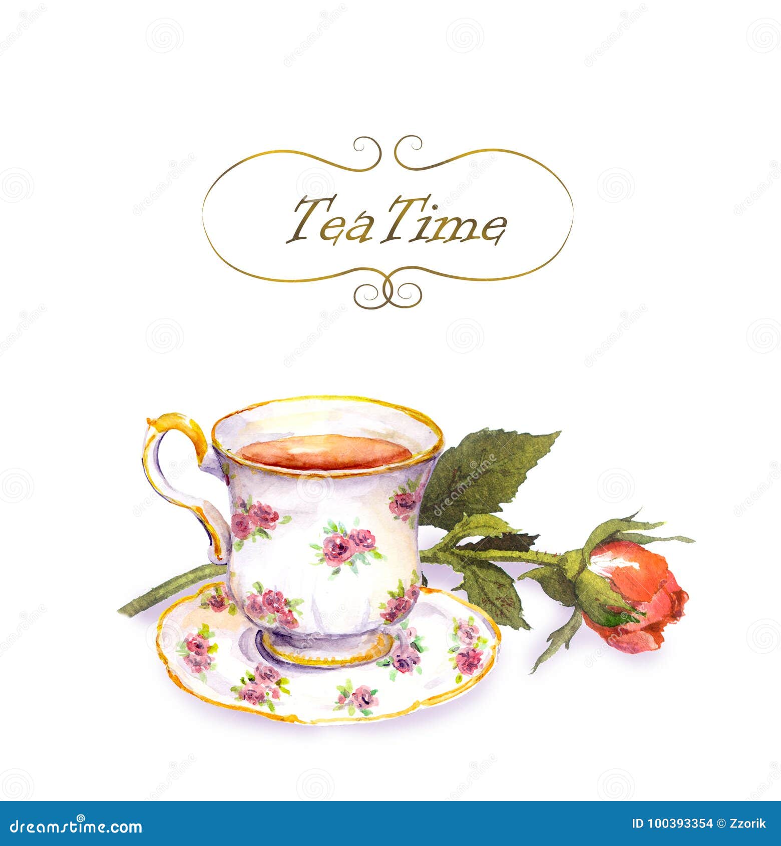 Tea Cup with Tea, Rose Flower. Water Color Card Stock Illustration ...