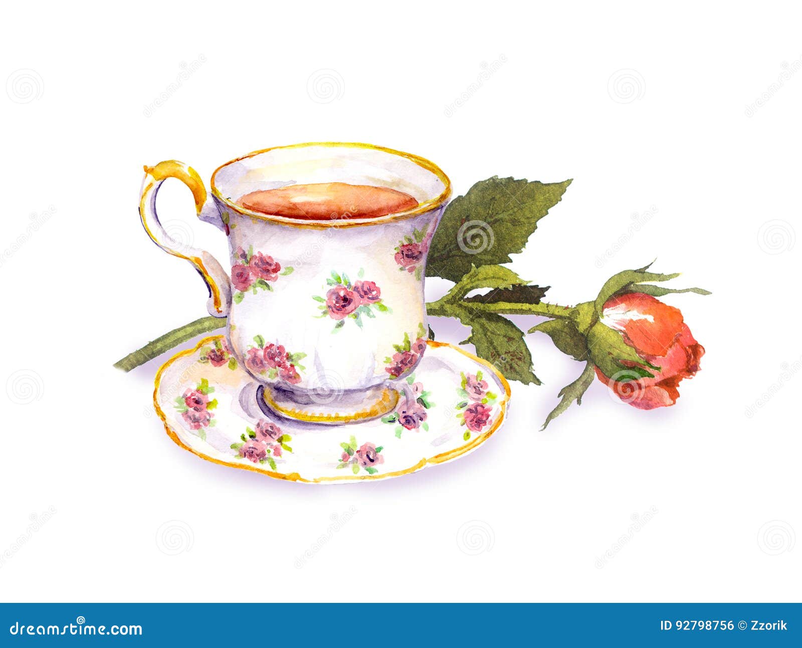 Tea Cup with Tea, Rose Flower. Watercolor Stock Illustration ...