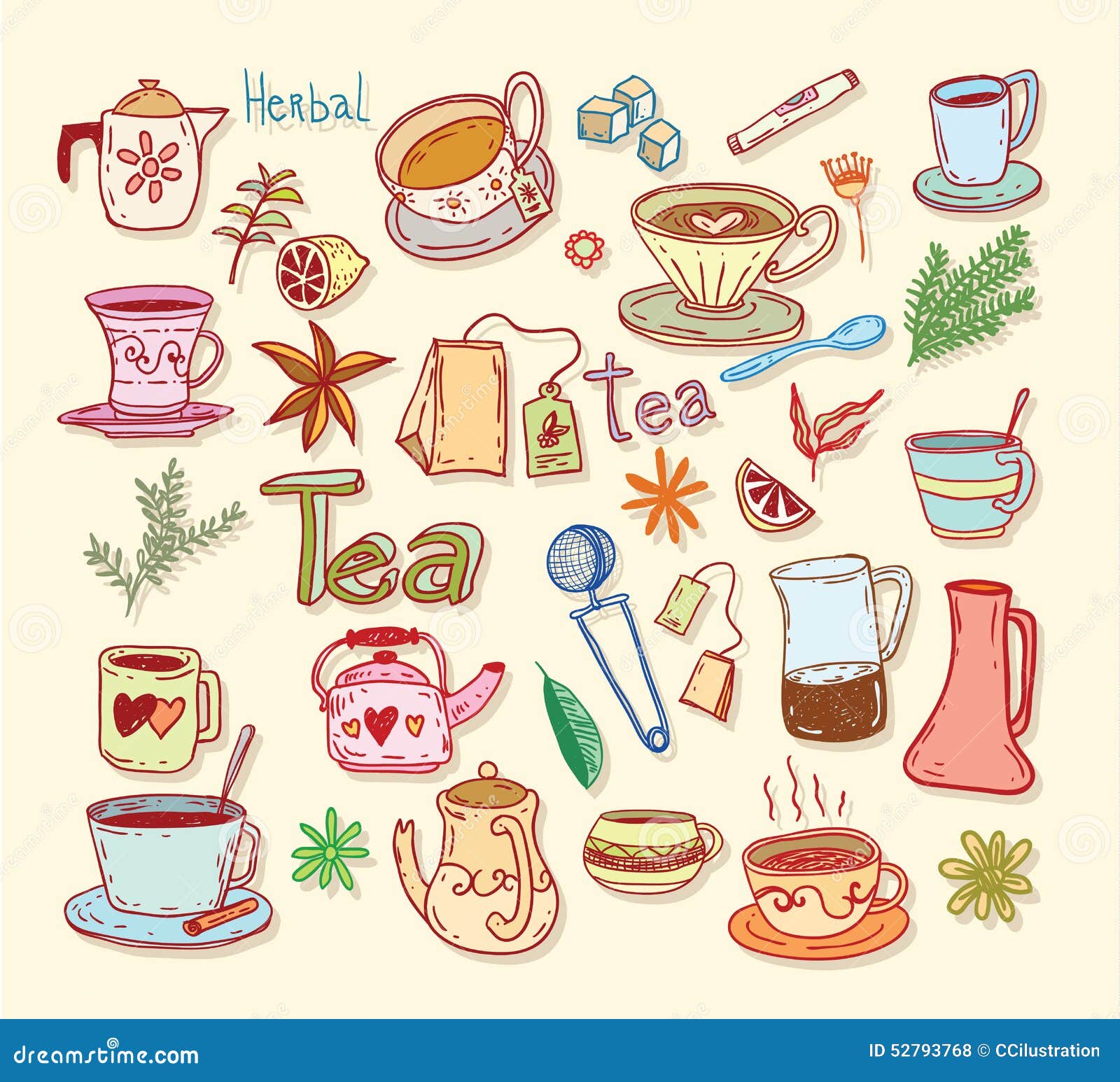 Tea Doodle Sketch Elements.Hand Drawn Vector Illustration. Stock Vector ...