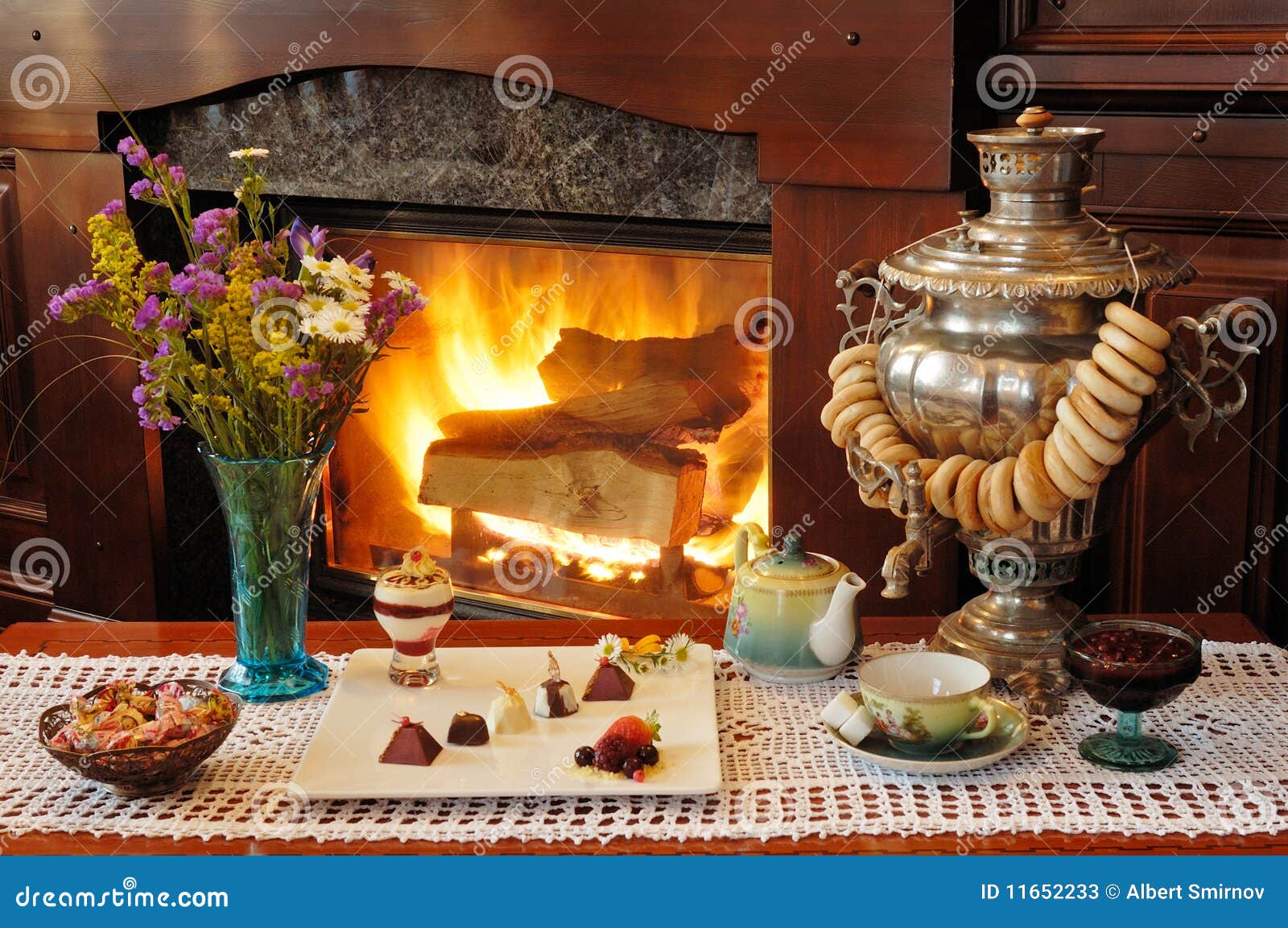 Tea Drinking at a Fireplace Stock Image - Image of copper, bagels: 11652233