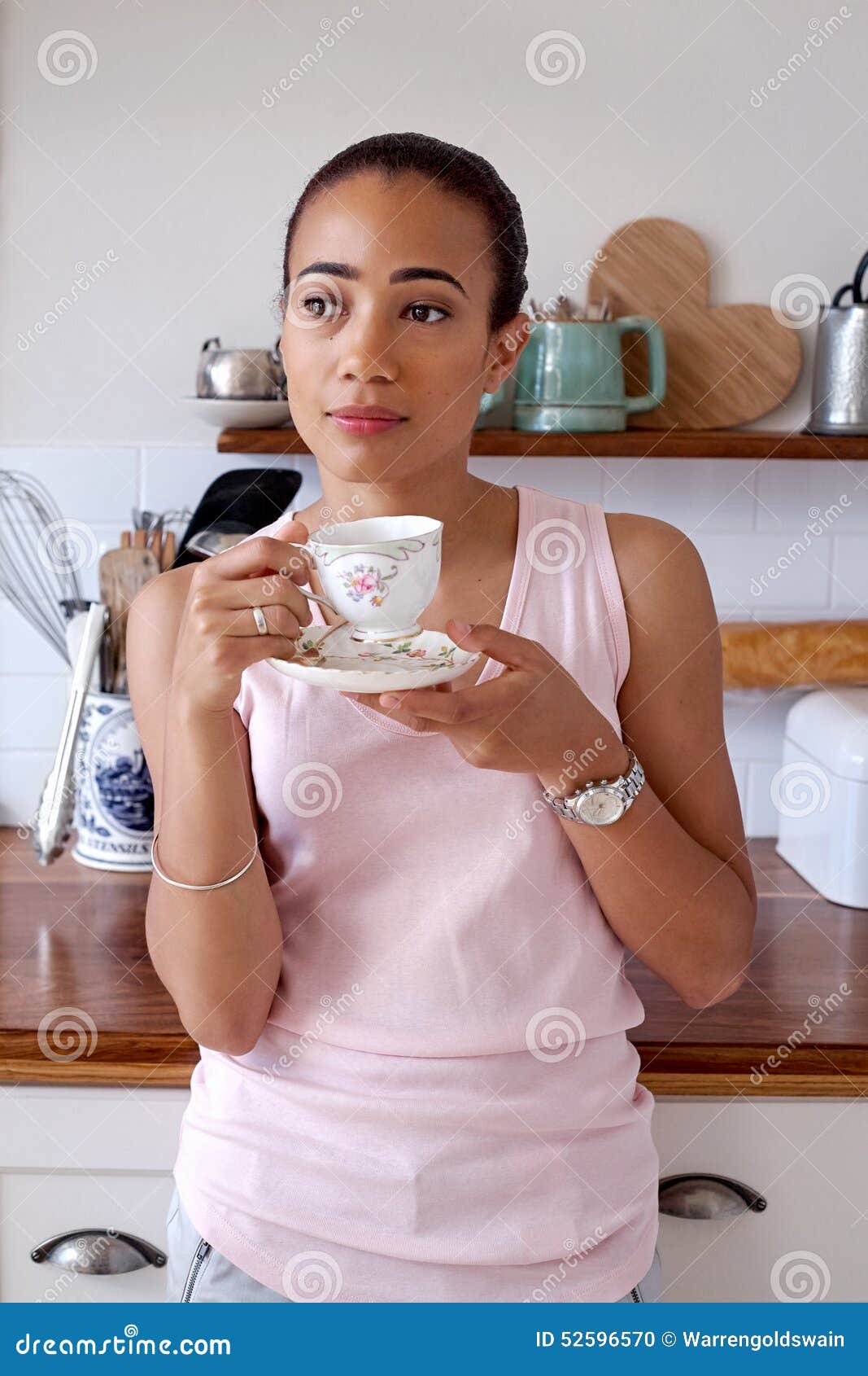 Tea drinking woman stock photo. Image of beautiful, daydreaming - 52596570