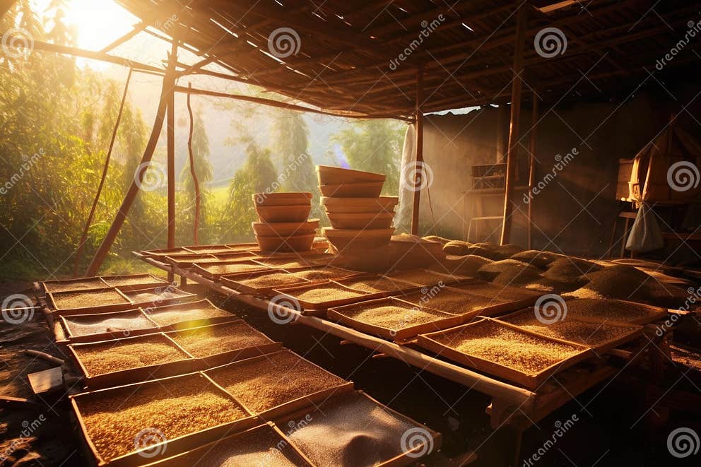 Tea Drying Process on Bamboo Trays in Sunlight Stock Illustration ...