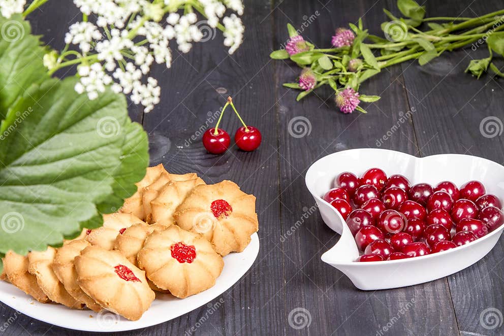 Tea Fresh Biscuits with Cherries Stock Image - Image of nature, napkin ...