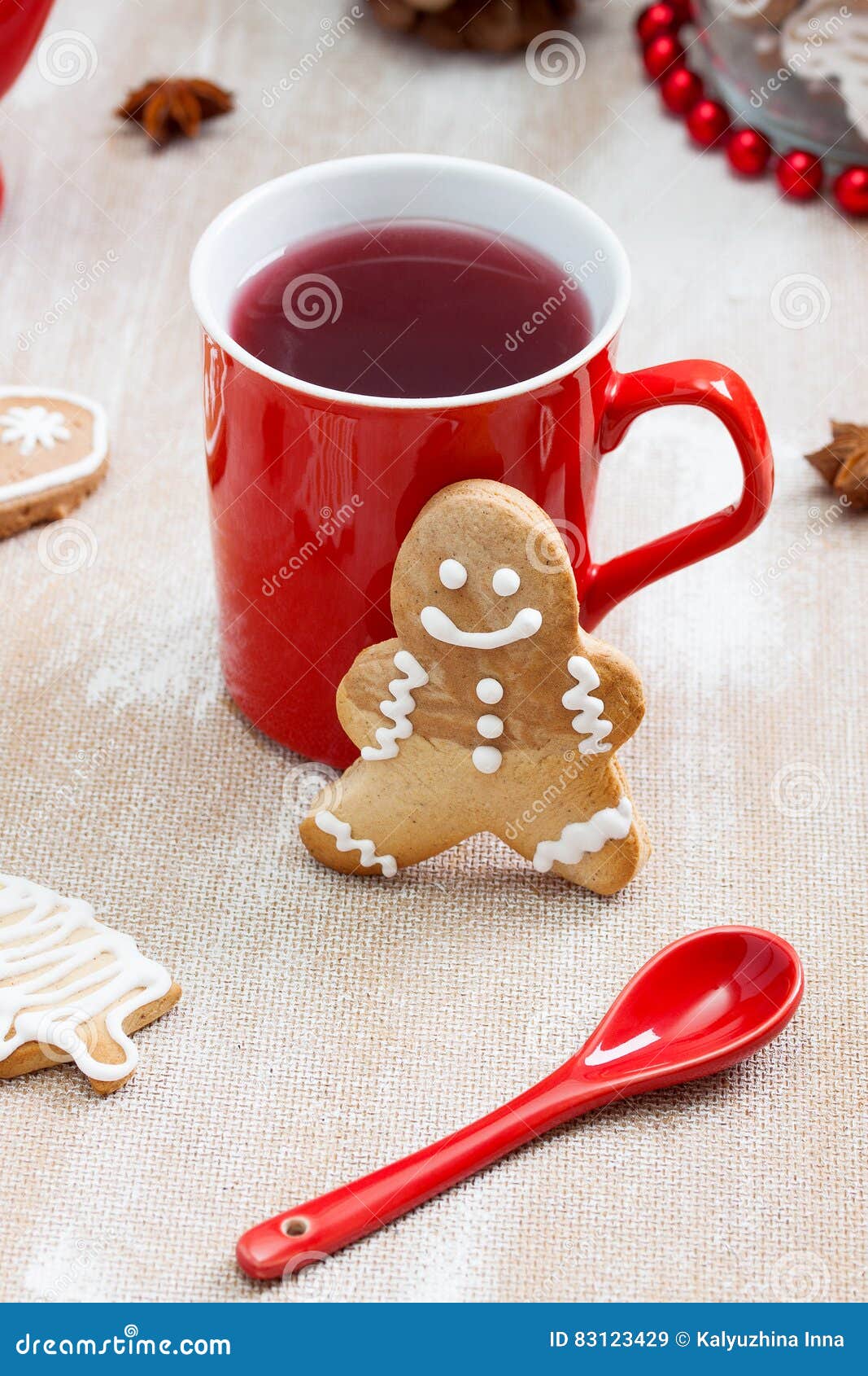 Tea, Ginger Man Cookie and and Red Spoon Stock Image - Image of star ...
