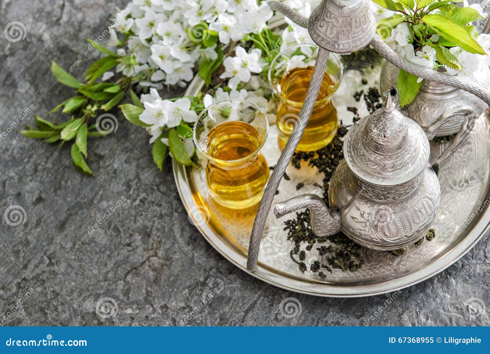 Tea Glasses and Pot, Traditional Sweets. Table Setting Stock Image ...