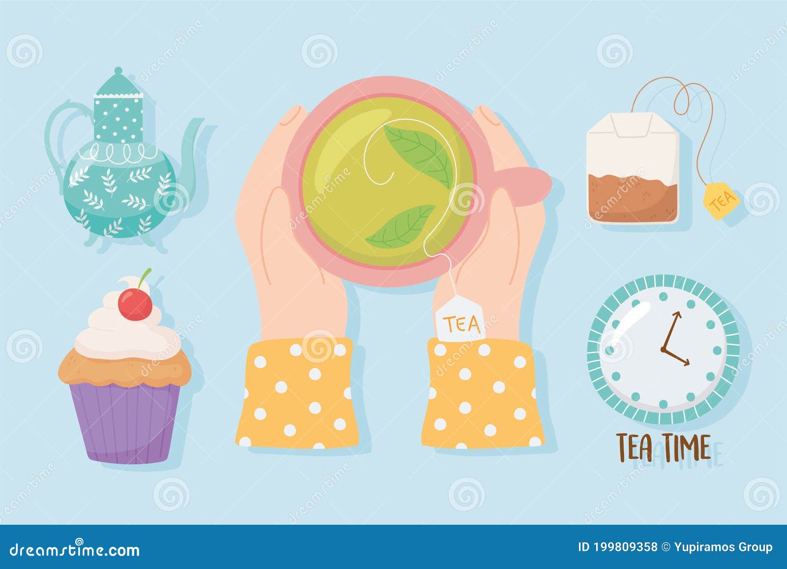 Tea, Hands with Teacup Kettle Cupcake Teabag Clock Beverage Stock ...