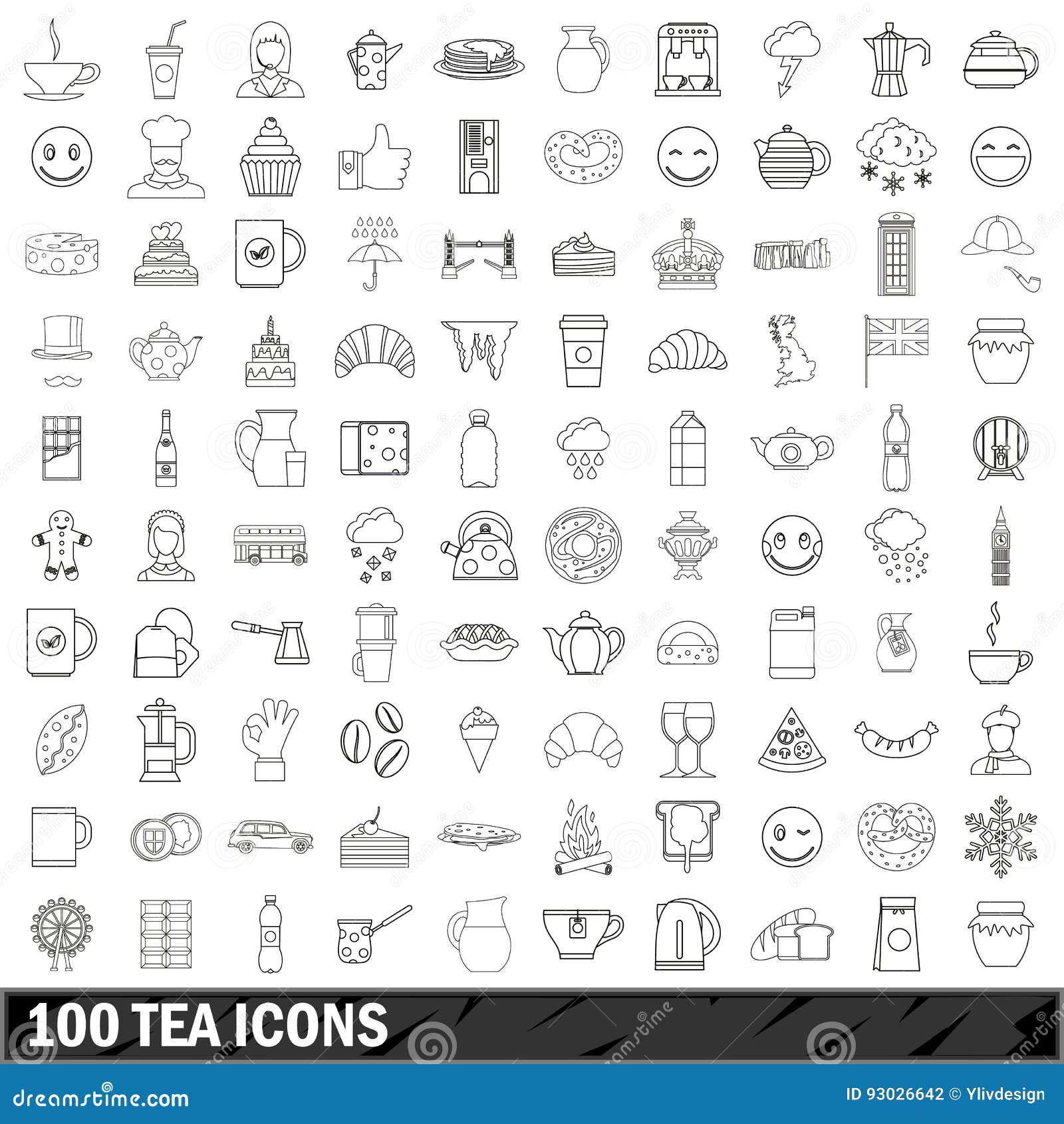 100 Tea Icons Set, Outline Style Stock Vector - Illustration of england ...