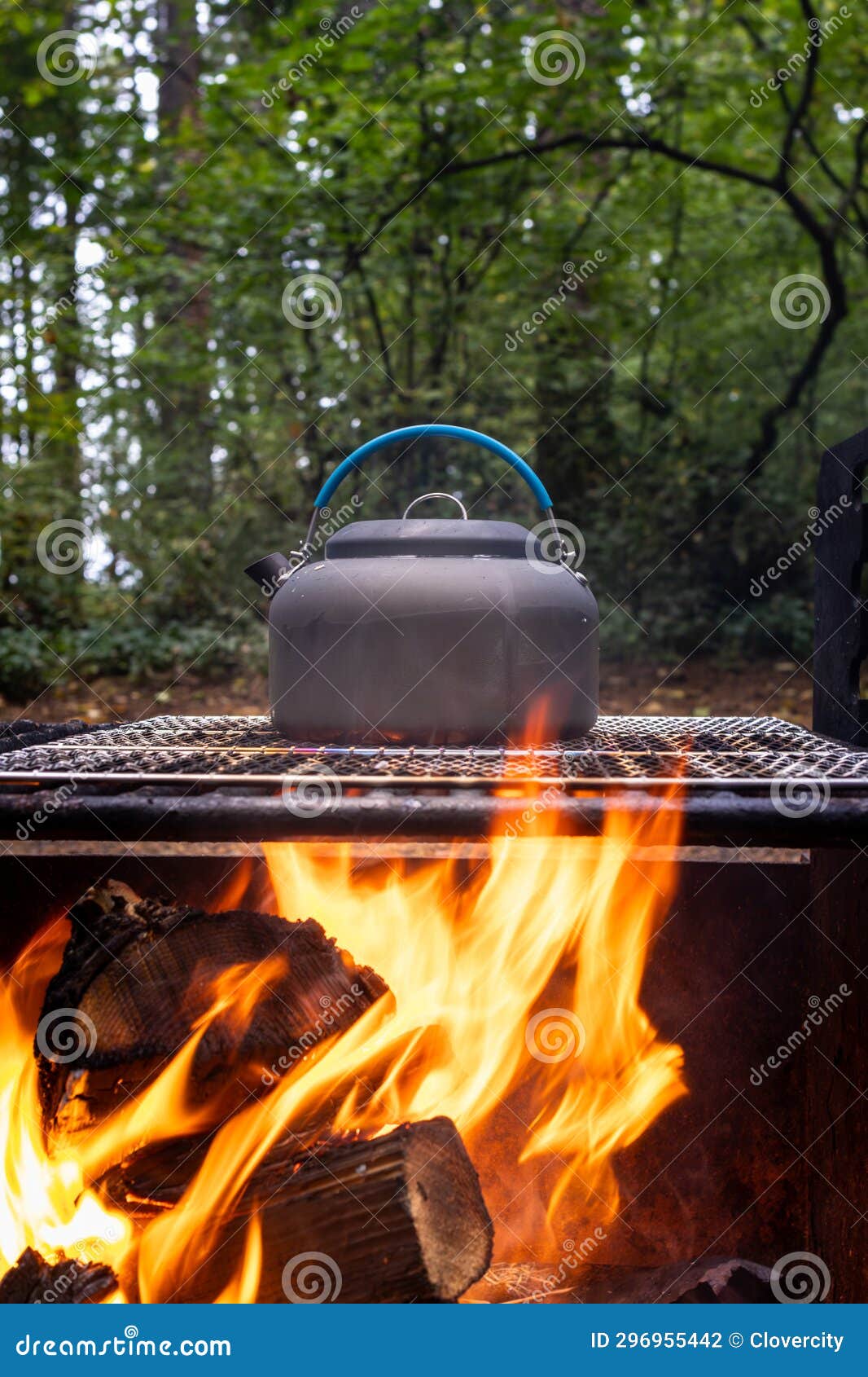 Tea Kettle Boils on Camp Fire Stock Photo - Image of prep, camp: 296955442