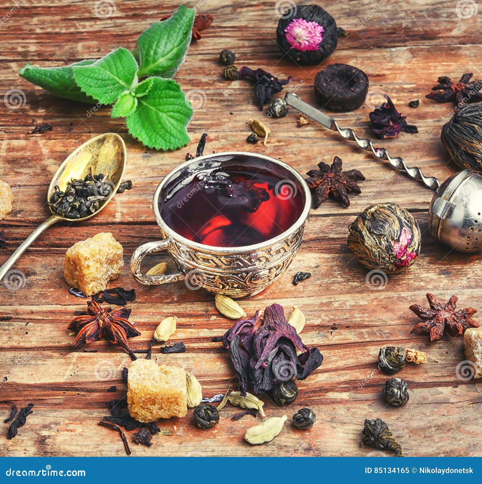 Tea and kitchen herbs stock image. Image of spoon, black - 85134165