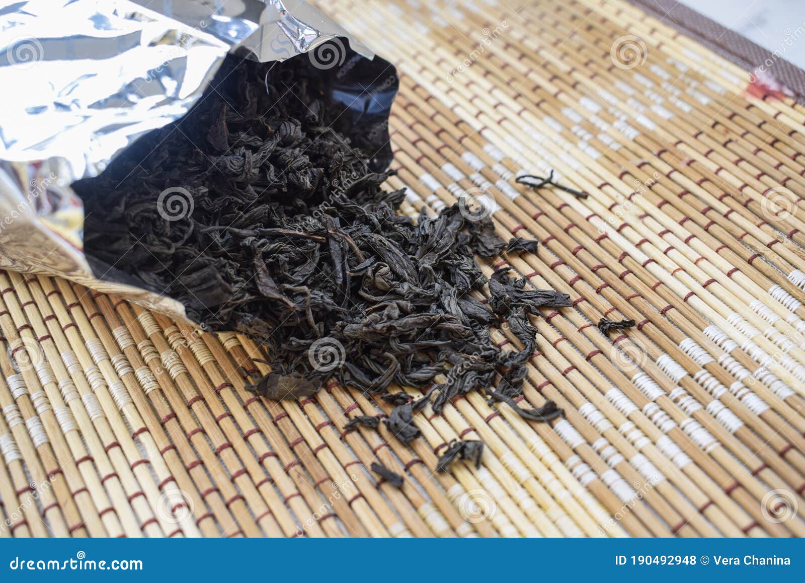 Tea Leaves Background, Green Tea, Spilled from a Bag on the Table Stock ...