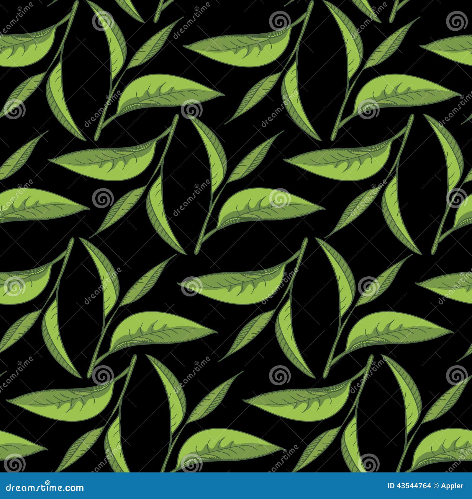 Tea Leaves Pattern with Black Backdrop Stock Vector - Illustration of ...