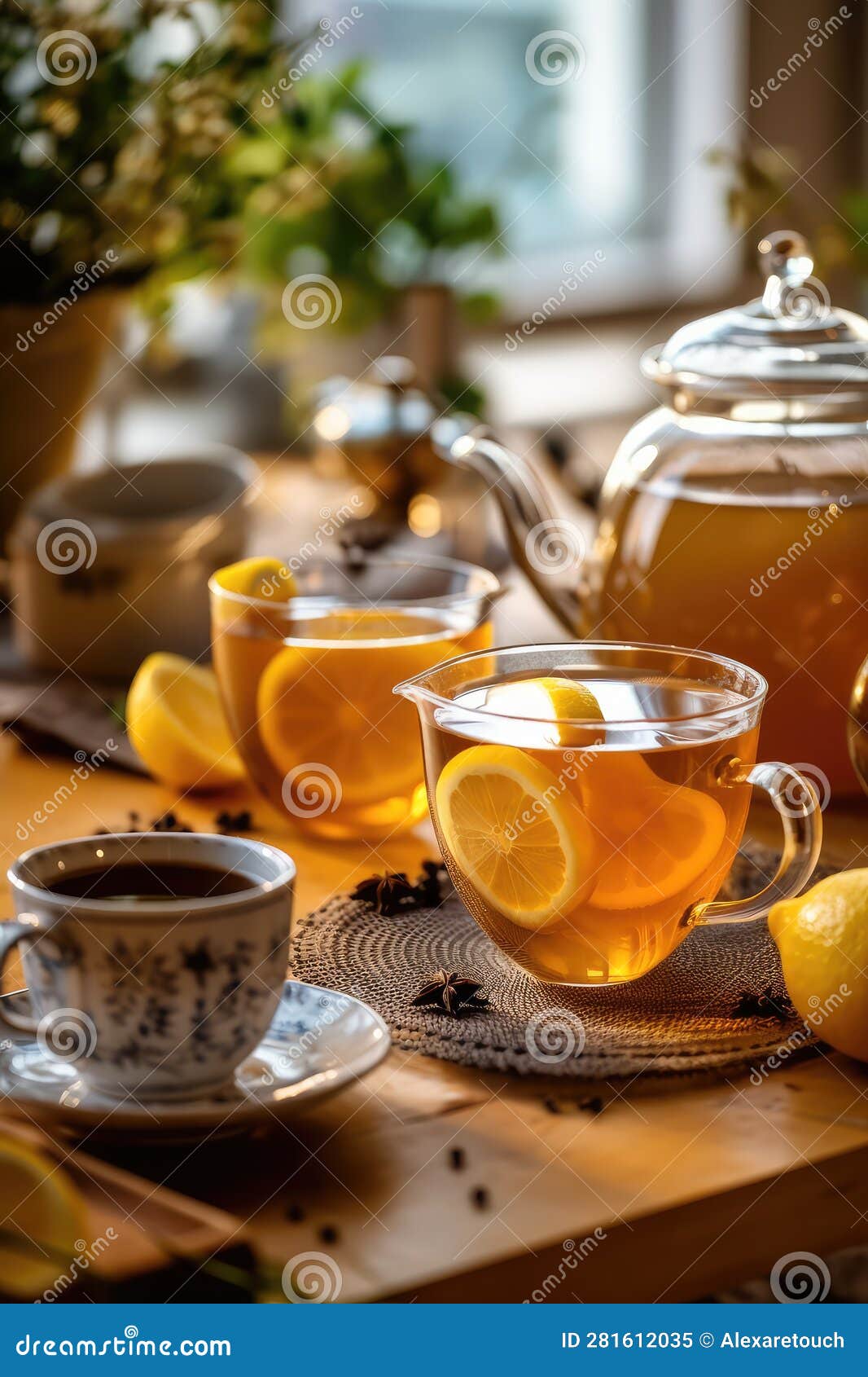 Tea with Lemon in a Glass Cup on the Table in the Sunlight Stock ...