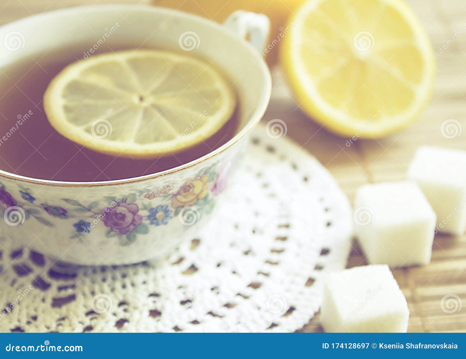 Tea with Lemon and Sugar in Vintage Cup Stock Image - Image of time ...