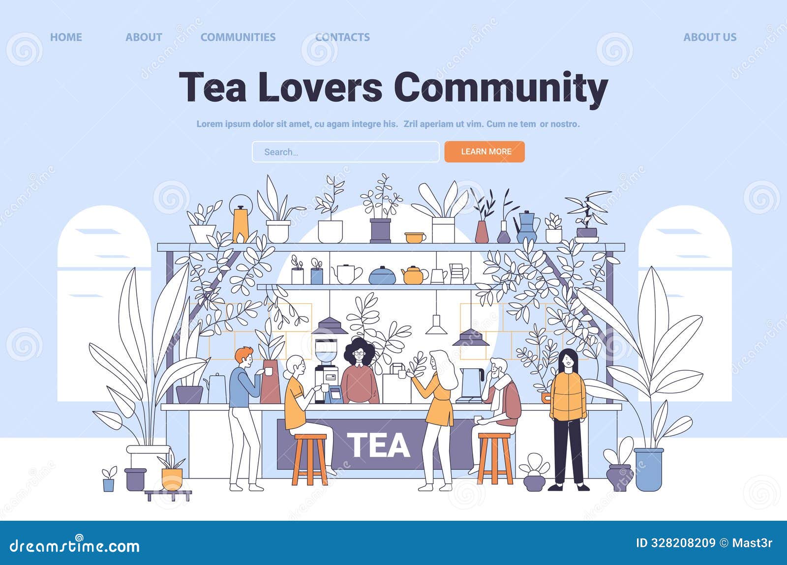 Tea Lovers Community Cafe Interior with People Enjoying Tea Plants and Decor Stock Illustration ...