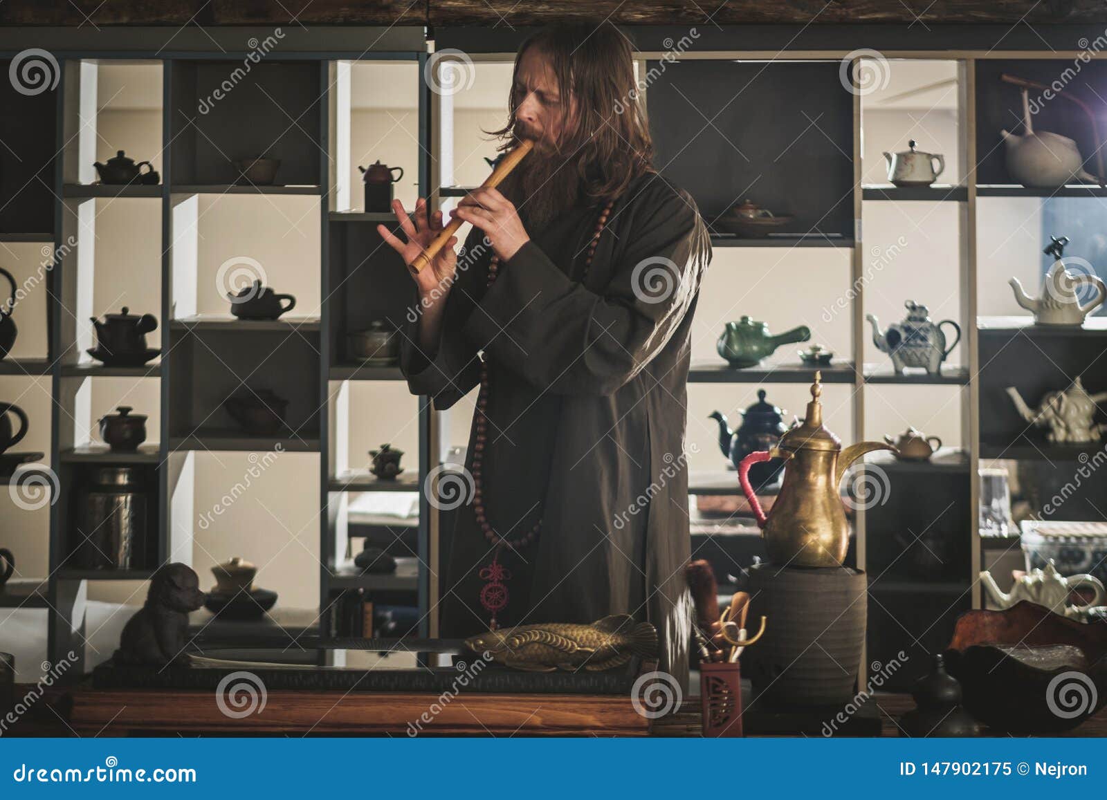 Tea Master Playing Flute before Tea Ceremony Stock Image - Image of ...