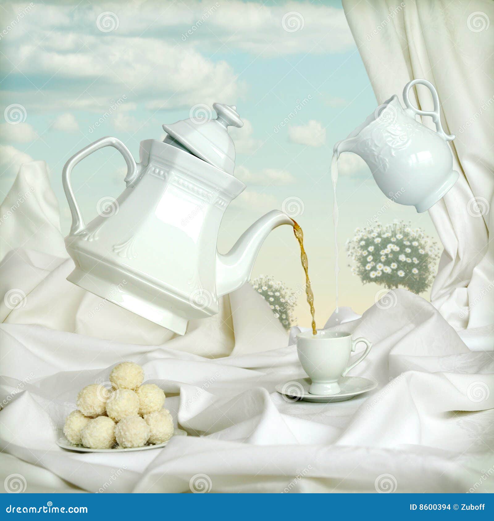 Tea with milk stock photo. Image of tablecloth, flower - 8600394