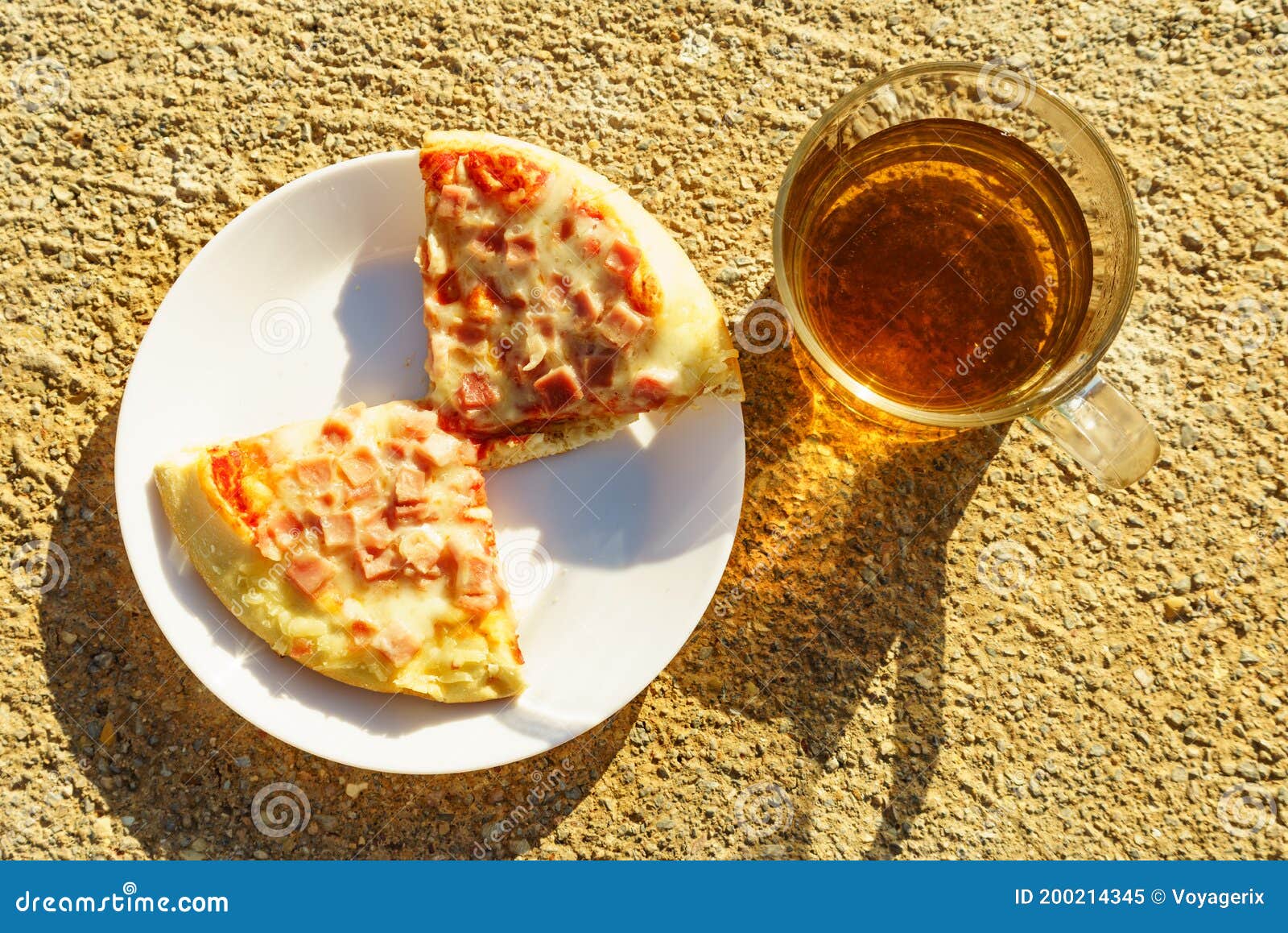 Tea Mug and Pizza Slices on Plate, Outdoors Stock Image - Image of ...